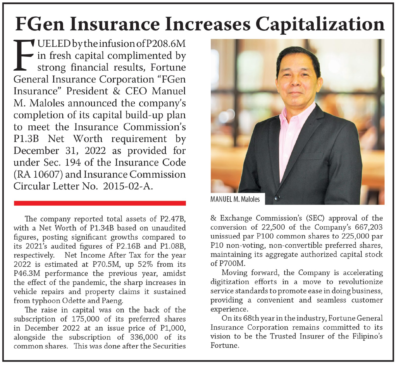 FGen Insurance Increases Capitalization - FGEN